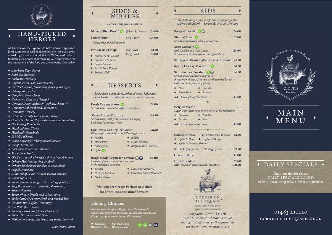 Menu at Corner on the Square cafe, Beauly