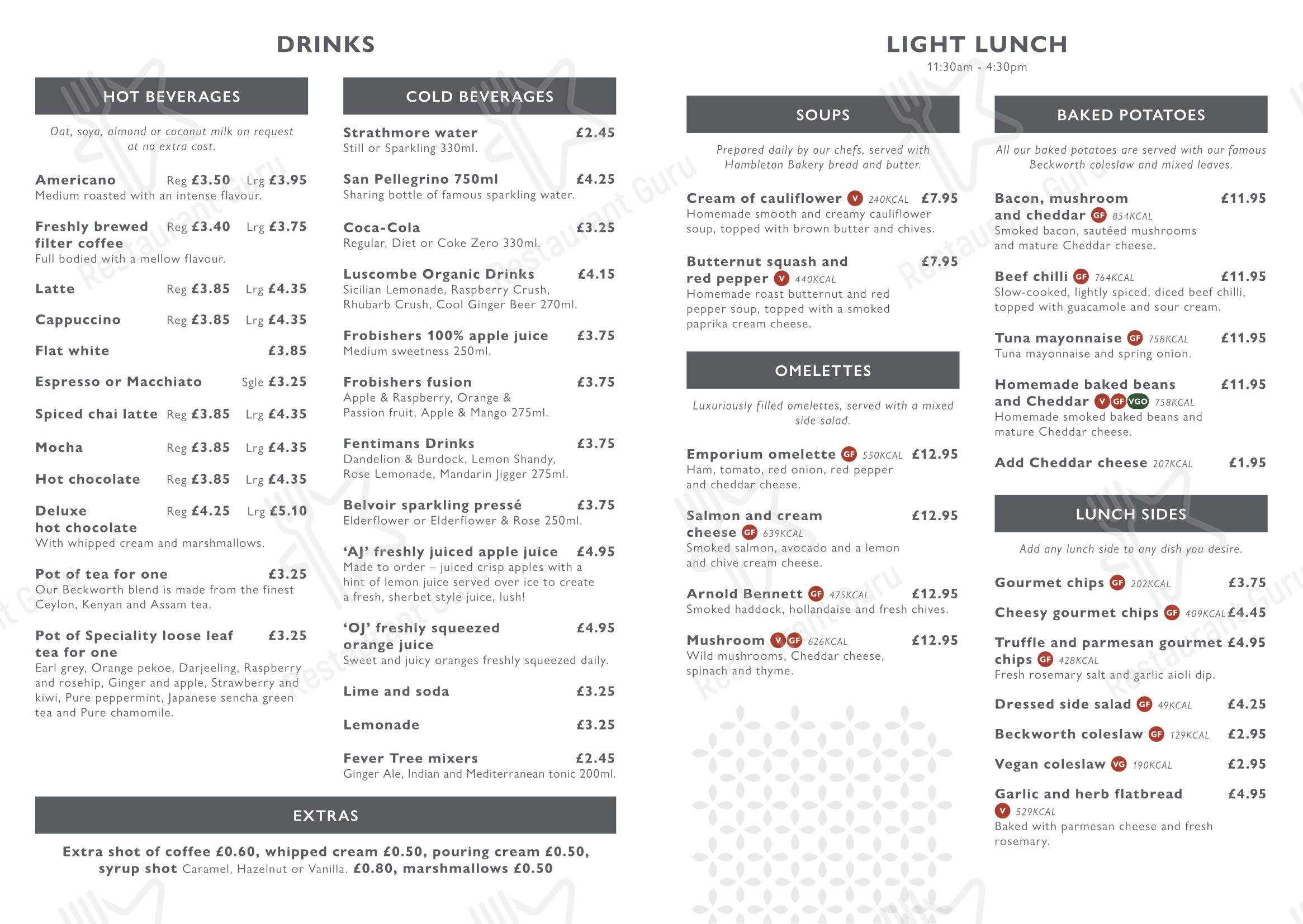 Menu at Beckworth Emporium cafe, Northampton