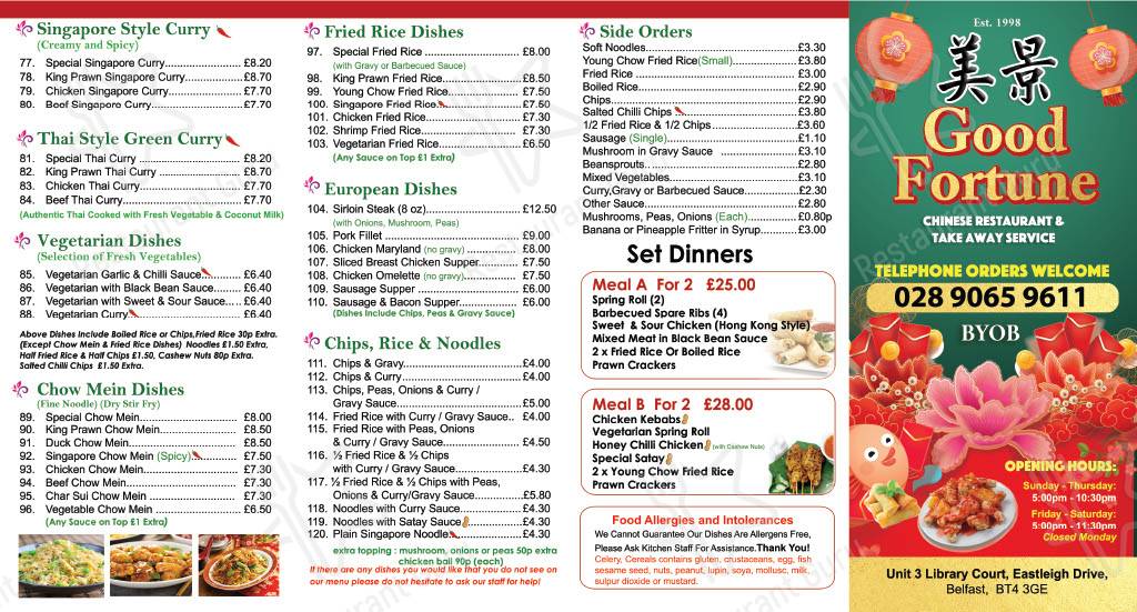 Menu at Good Fortune restaurant, Belfast, Eastleigh Dr