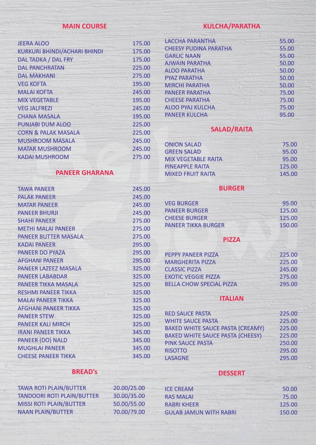 Menu at Bella Chow!, Kanpur