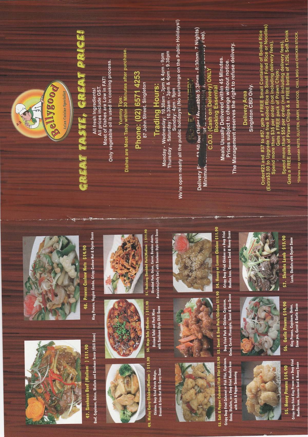 Menu at Bellygood fast food, Singleton