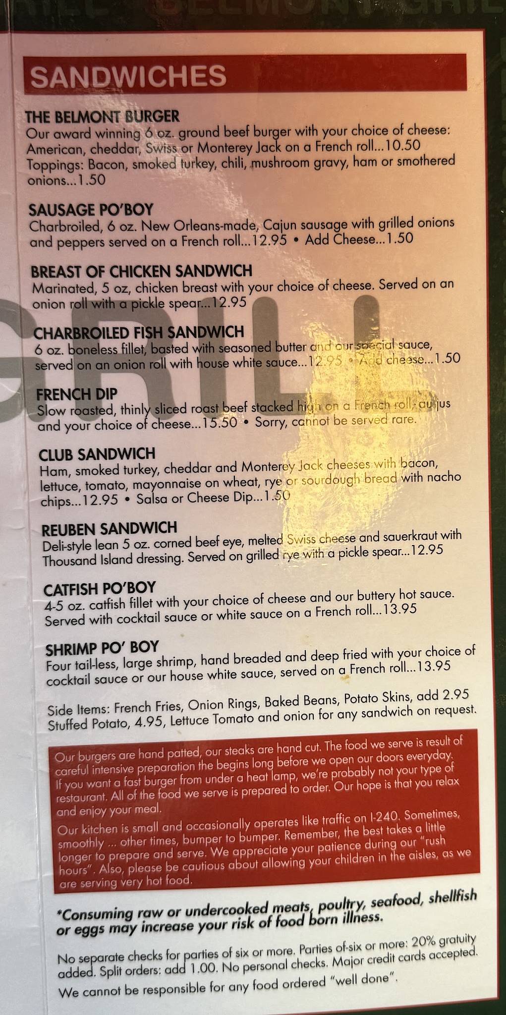 Menu at Belmont Grill pub & bar, Memphis, Poplar Ave