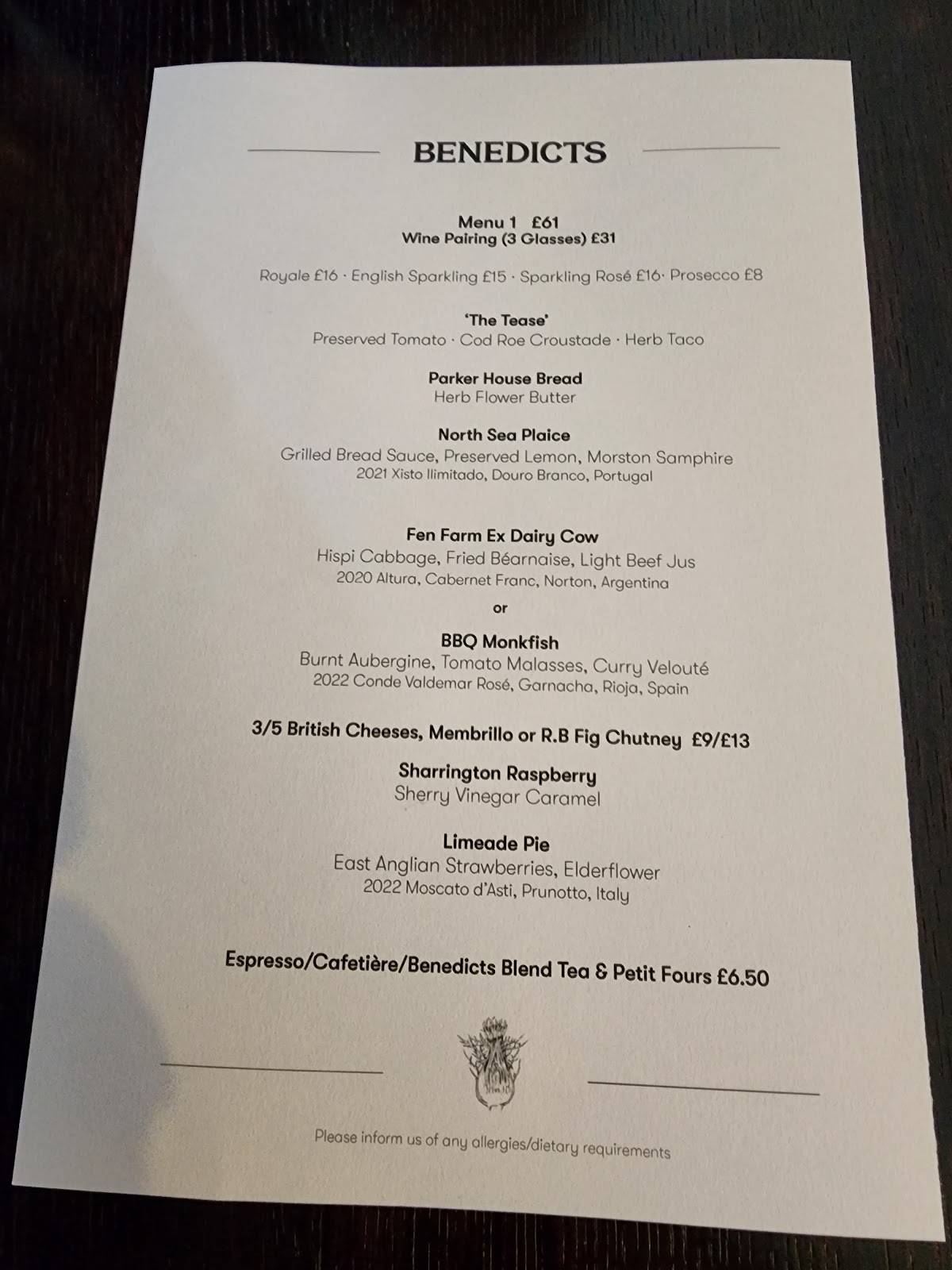 Menu at Benedicts restaurant, Norwich, 9 St Benedicts St