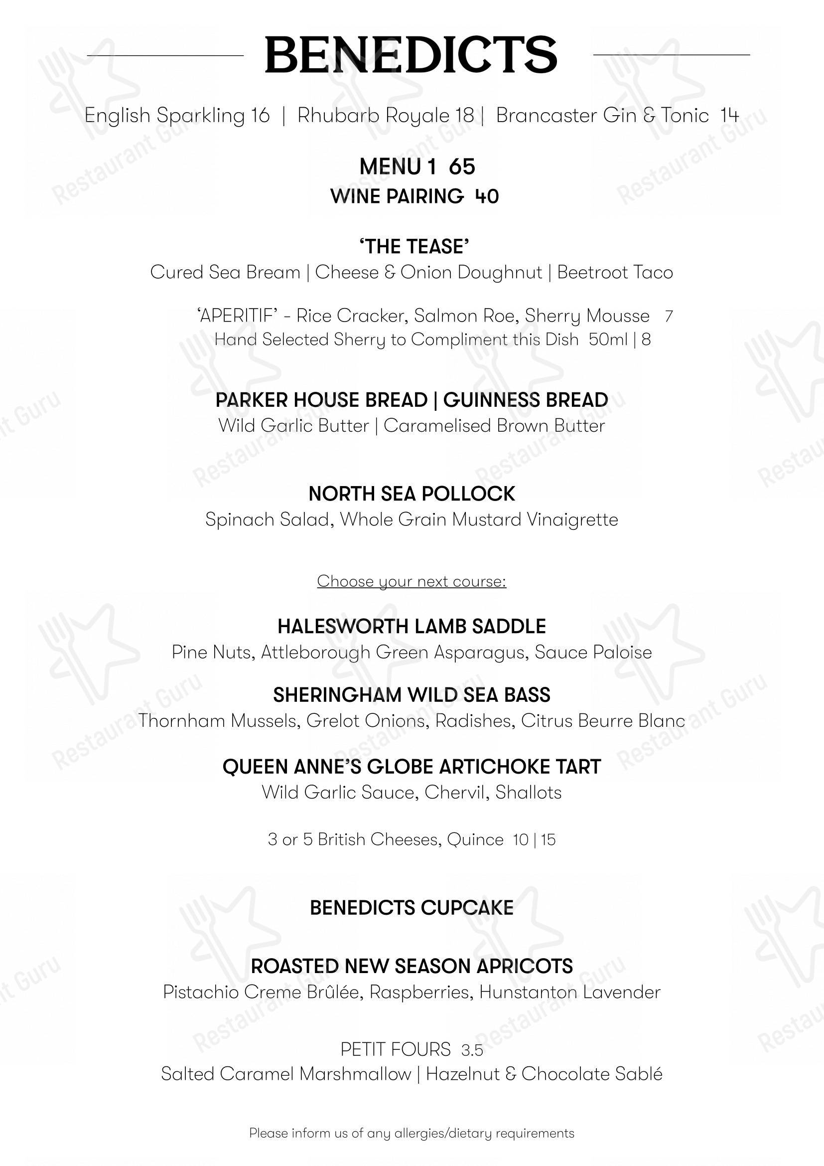 Menu at Benedicts restaurant, Norwich, 9 St Benedicts St