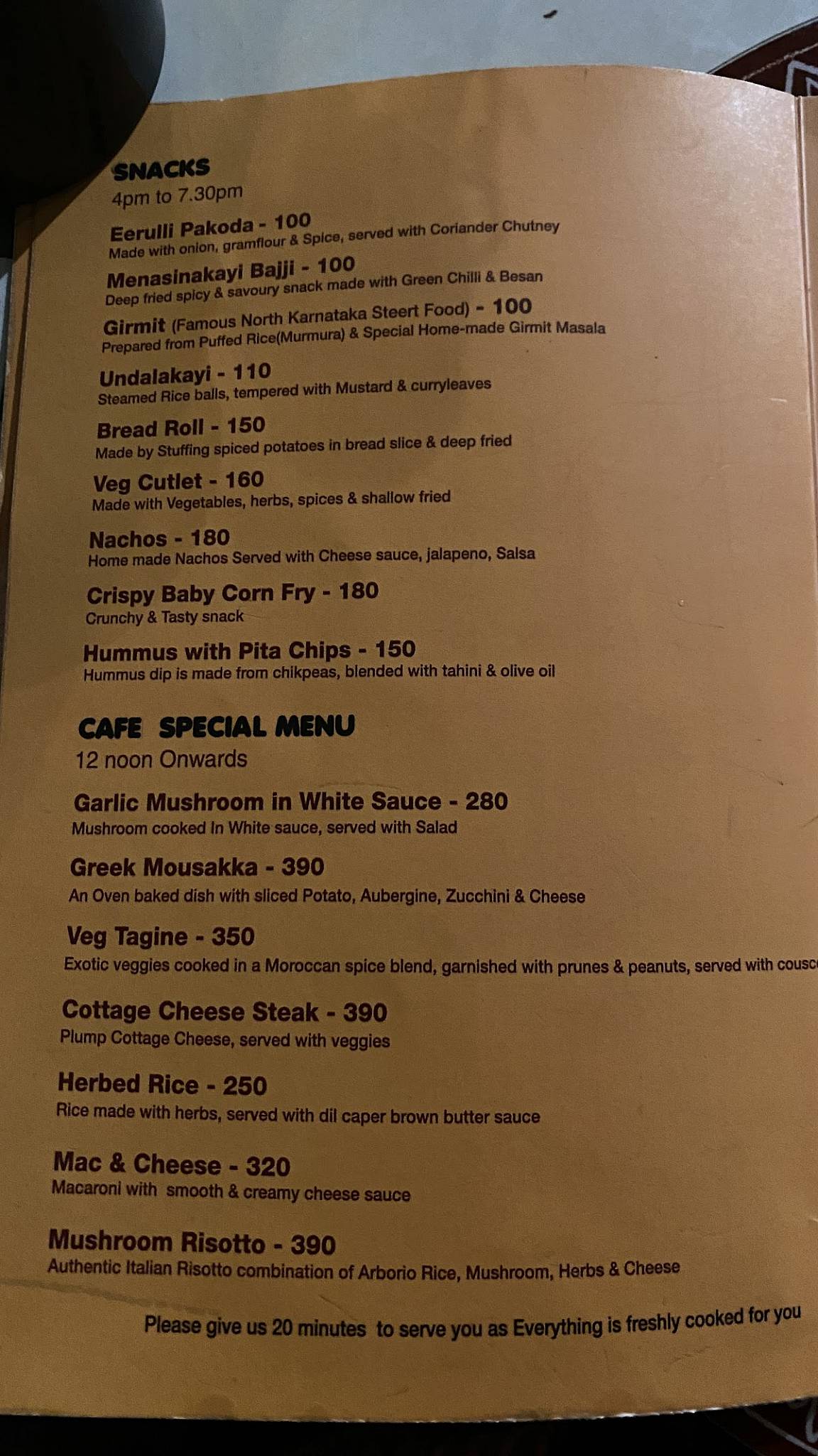 Menu at Elephant's High cafe, Bengaluru