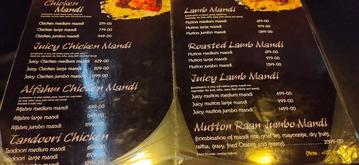 Menu at Gismat arabic jail mandi restaurant, Bengaluru
