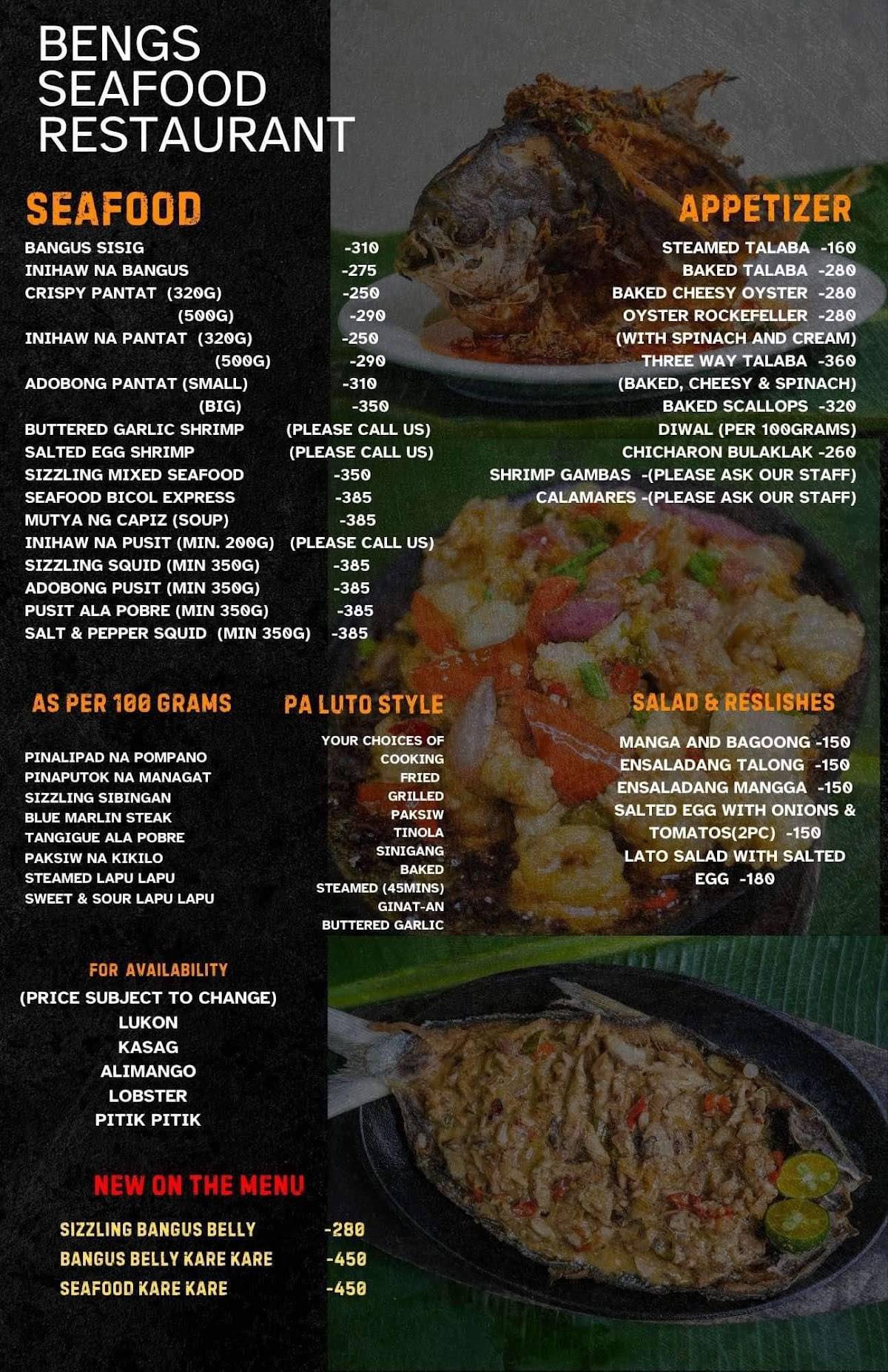 Menu at Beng's Seafood Restaurant, Iloilo City