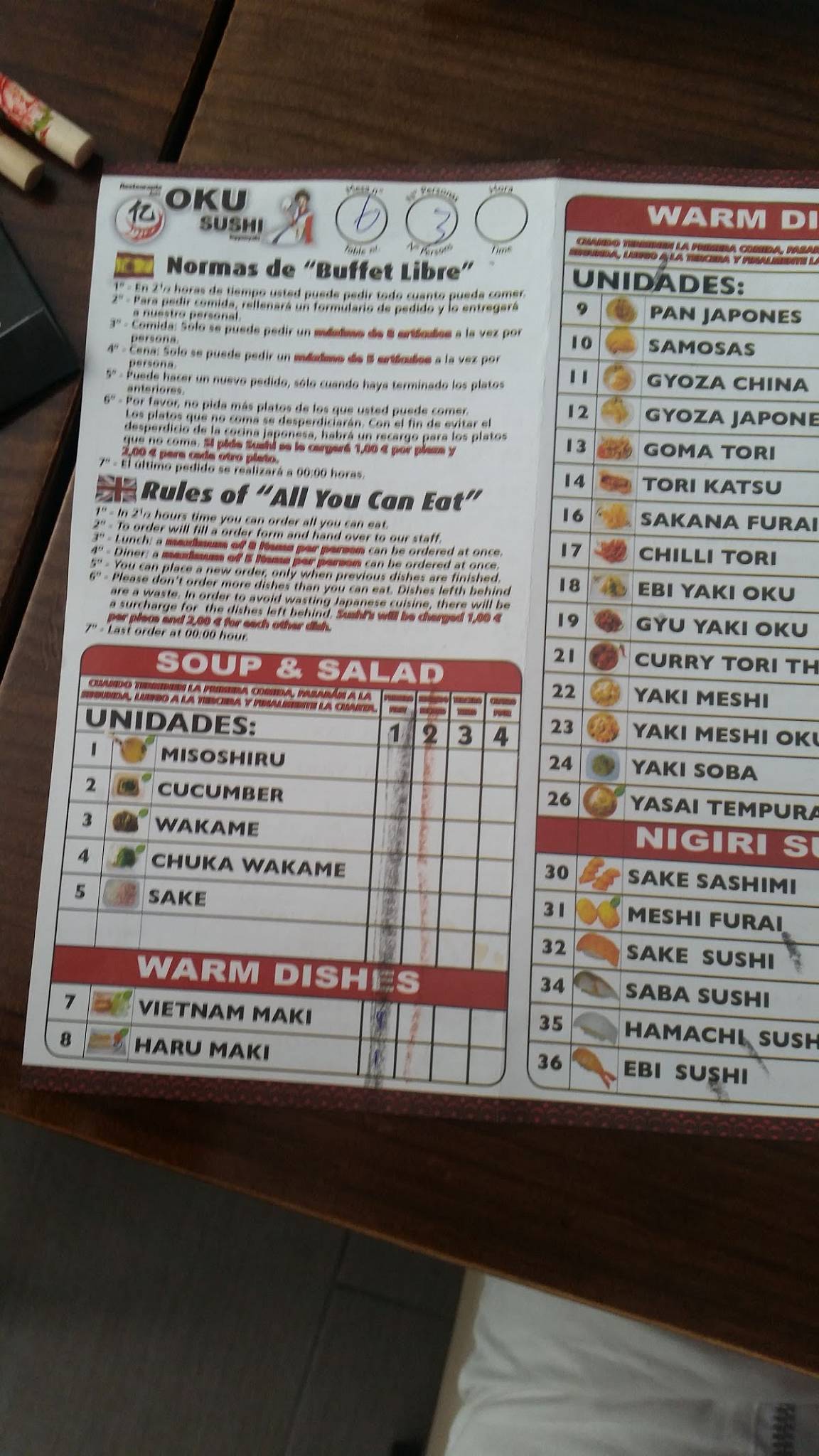 Carta del restaurante Oku Sushi, Benidorm