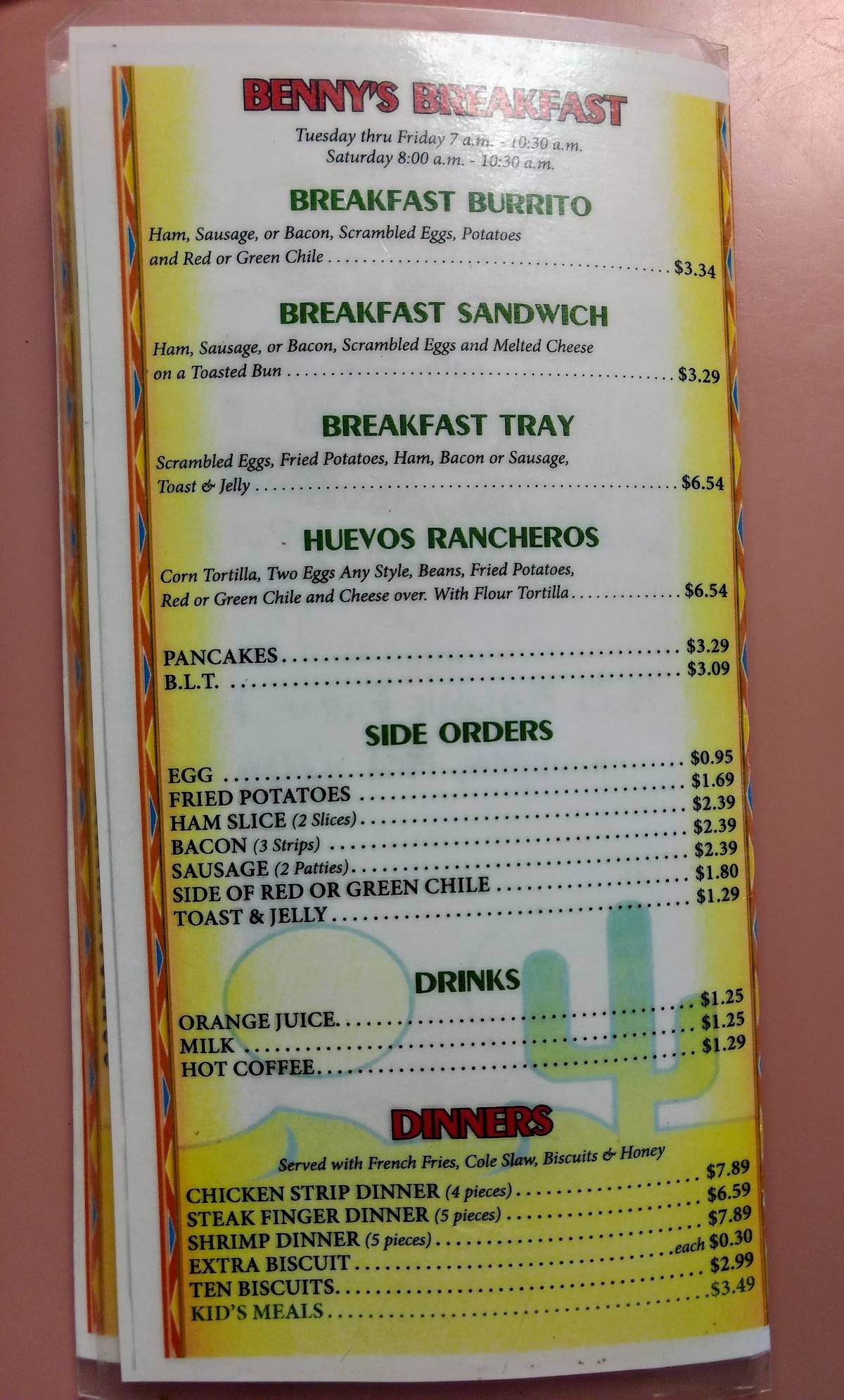 Menu at Benny's restaurant, Bosque Farms