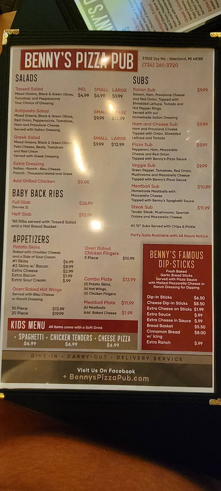 Menu at Benny's Pizza pub & bar, Westland