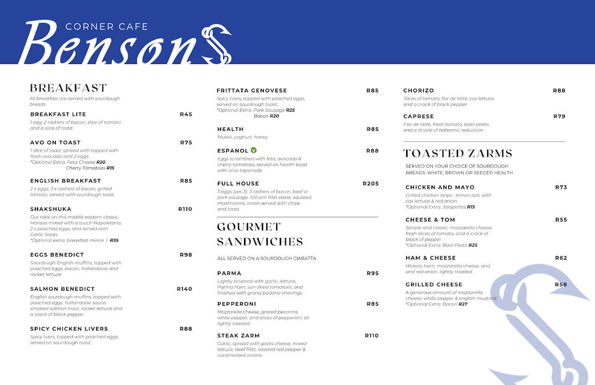 Menu at Bensons Restaurant, Durban
