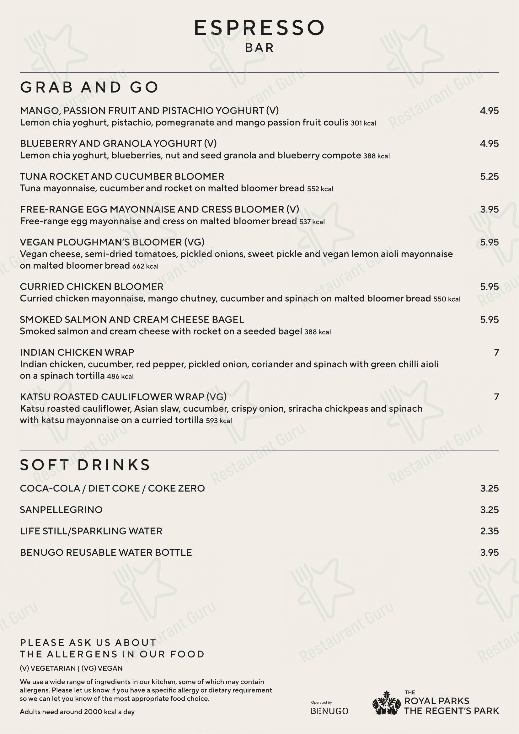 Menu at Benugo The Burrell Collection coffee house, Glasgow