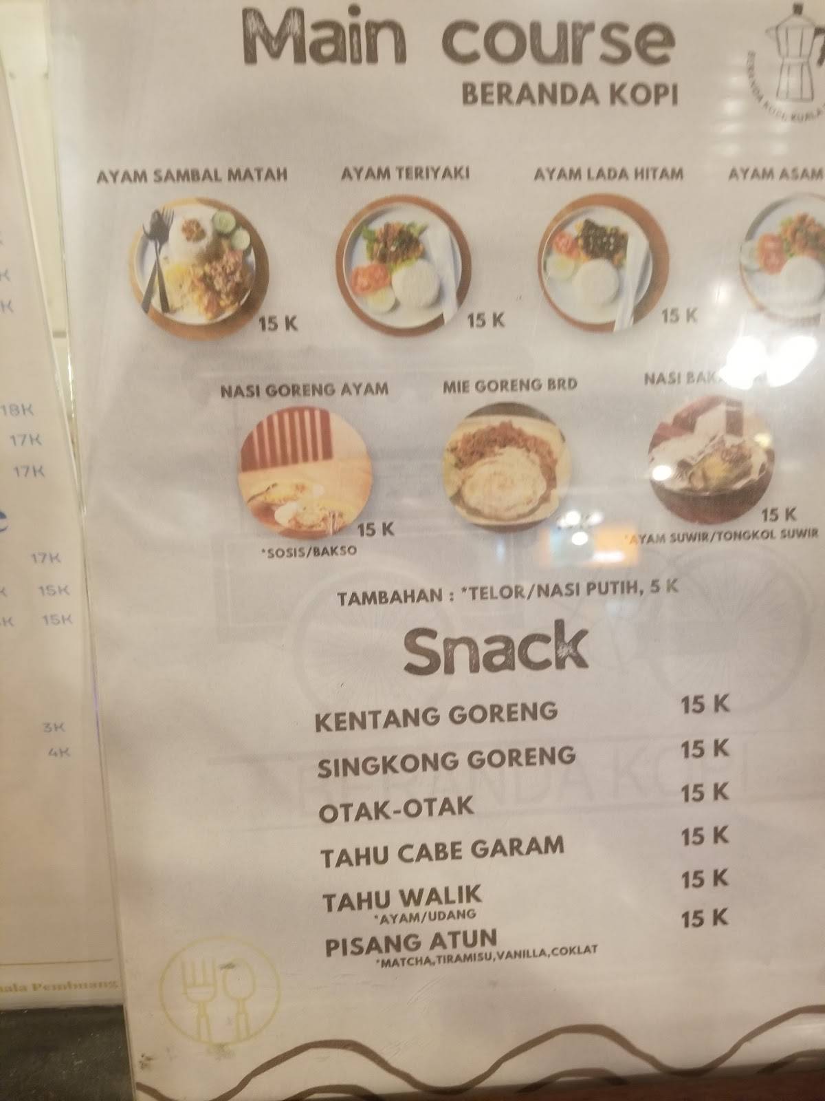 Menu at Beranda Kopi Kuala Pembuang, Indonesia