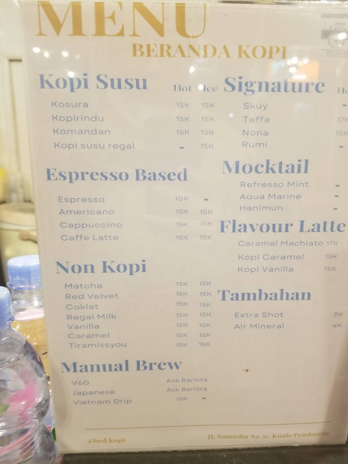 Menu at Beranda Kopi Kuala Pembuang, Indonesia