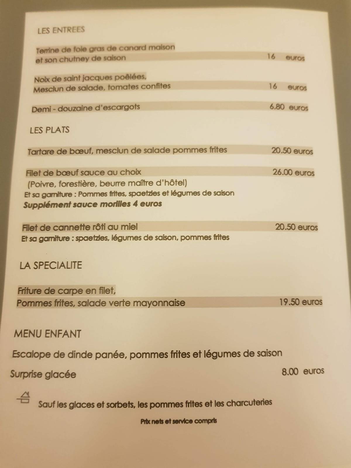 Menu au Restaurant au Soleil, Bernwiller