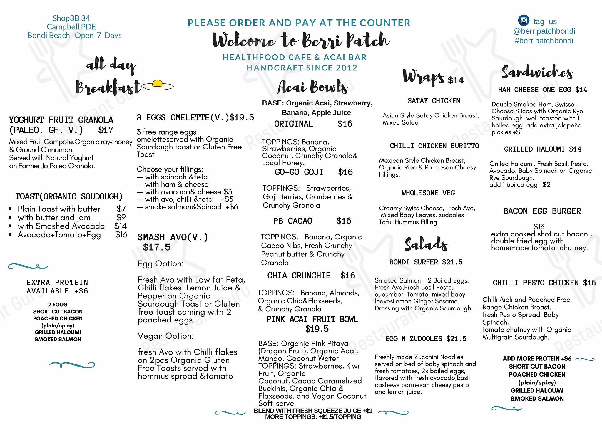 Menu at Berri Patch by The Coastal Walk cafe, Bondi Beach