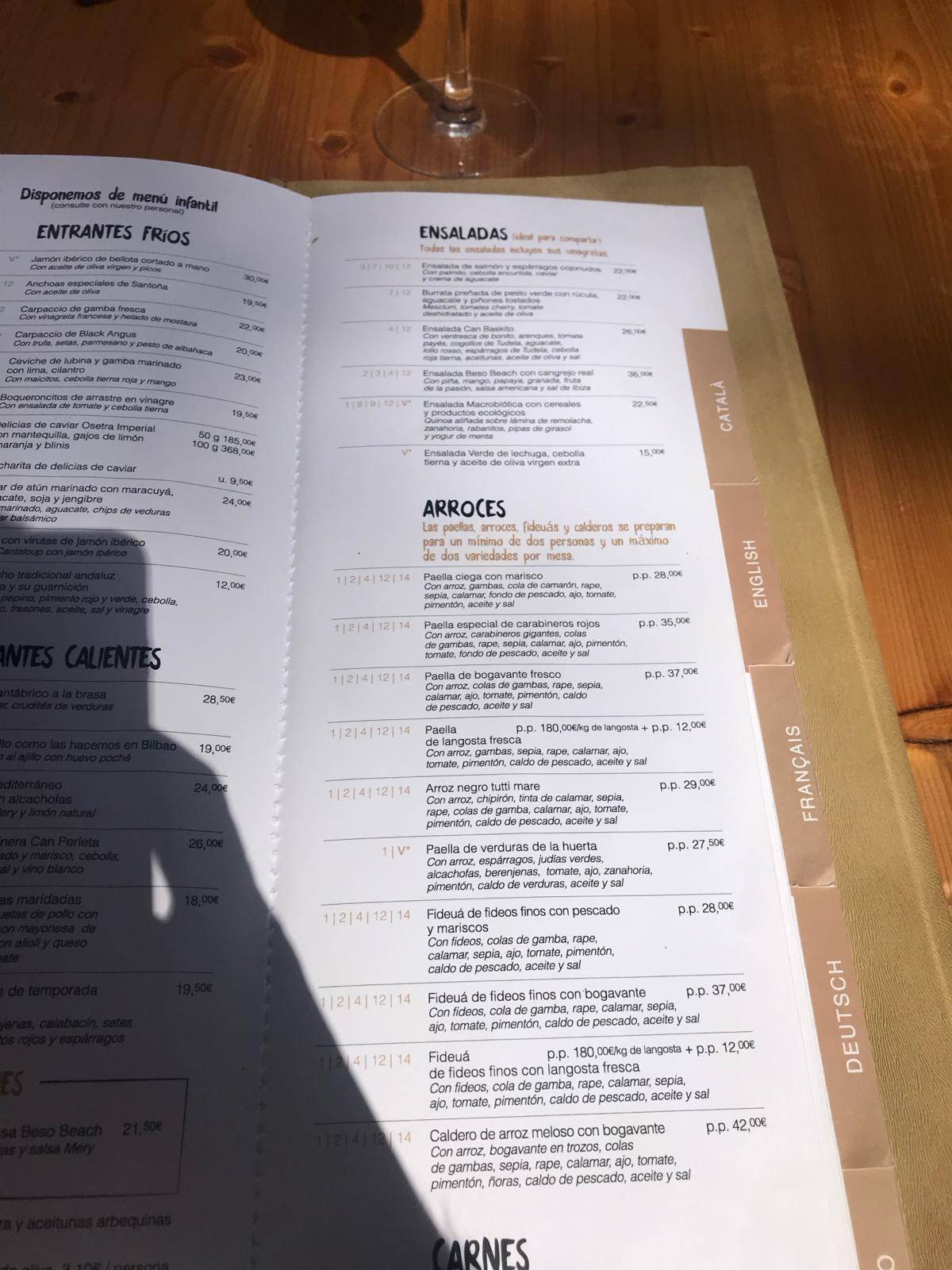 Menu at Beso Beach Ibiza restaurant, Formentera, Platja de ses Salines