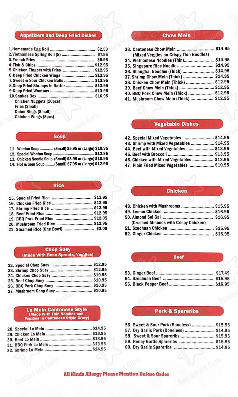 Carta del restaurante Bethune Chinese Kitchen, Bethune
