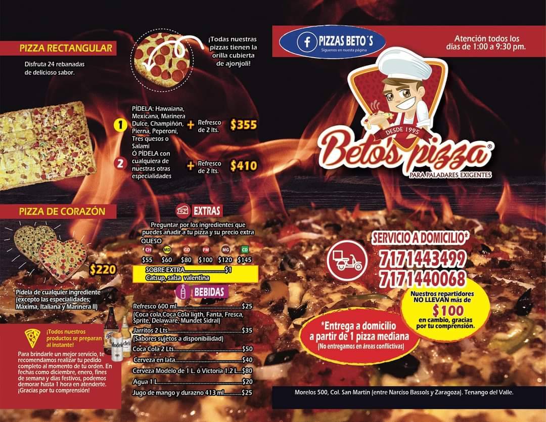 Carta del restaurante Beto's Pizza, Tenango del Valle