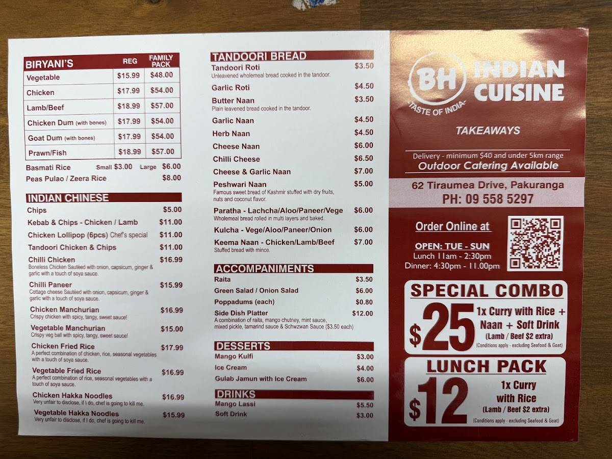 Menu at Bh Indian Cuisine restaurant, Auckland