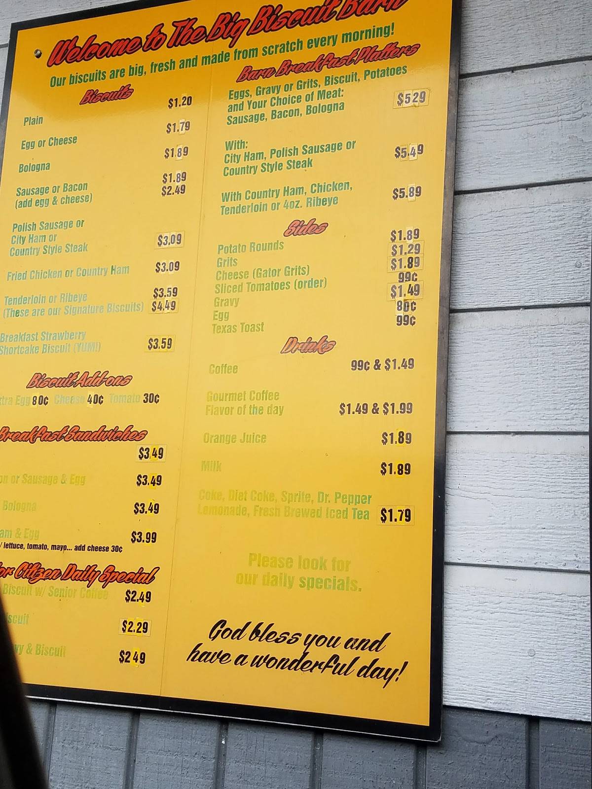 Menu at Big Biscuit Barn, Rossville