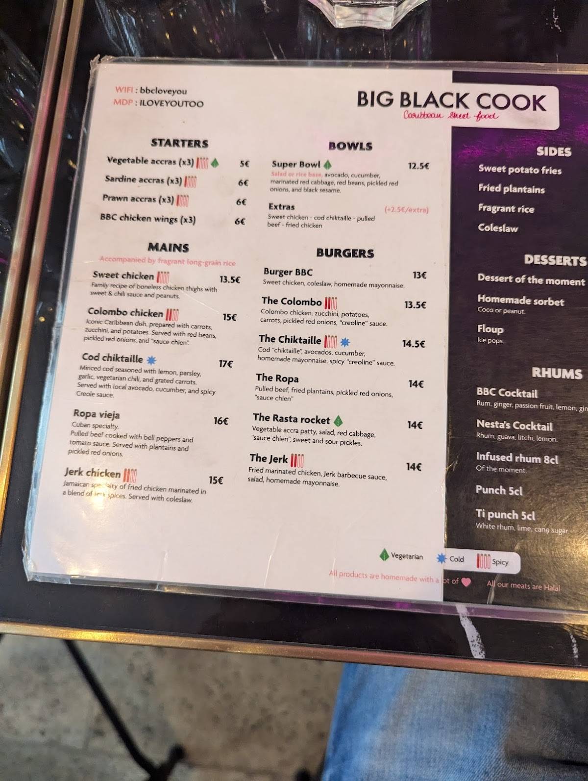 Menu au Big Black Cook restaurant, Paris, 7 Rue Tiquetonne