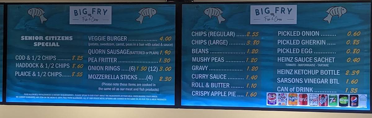 Menu at Big Fry fast food, Angmering