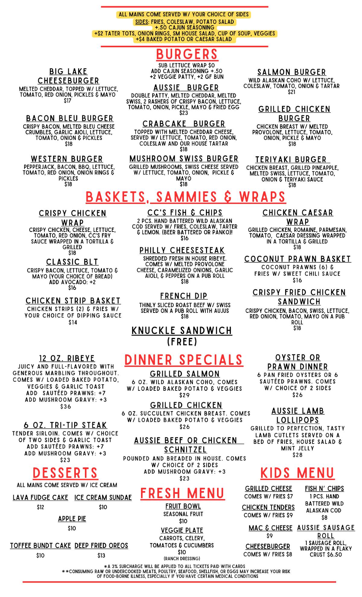 Menu at Big Lake Bar & Grill, Mount Vernon