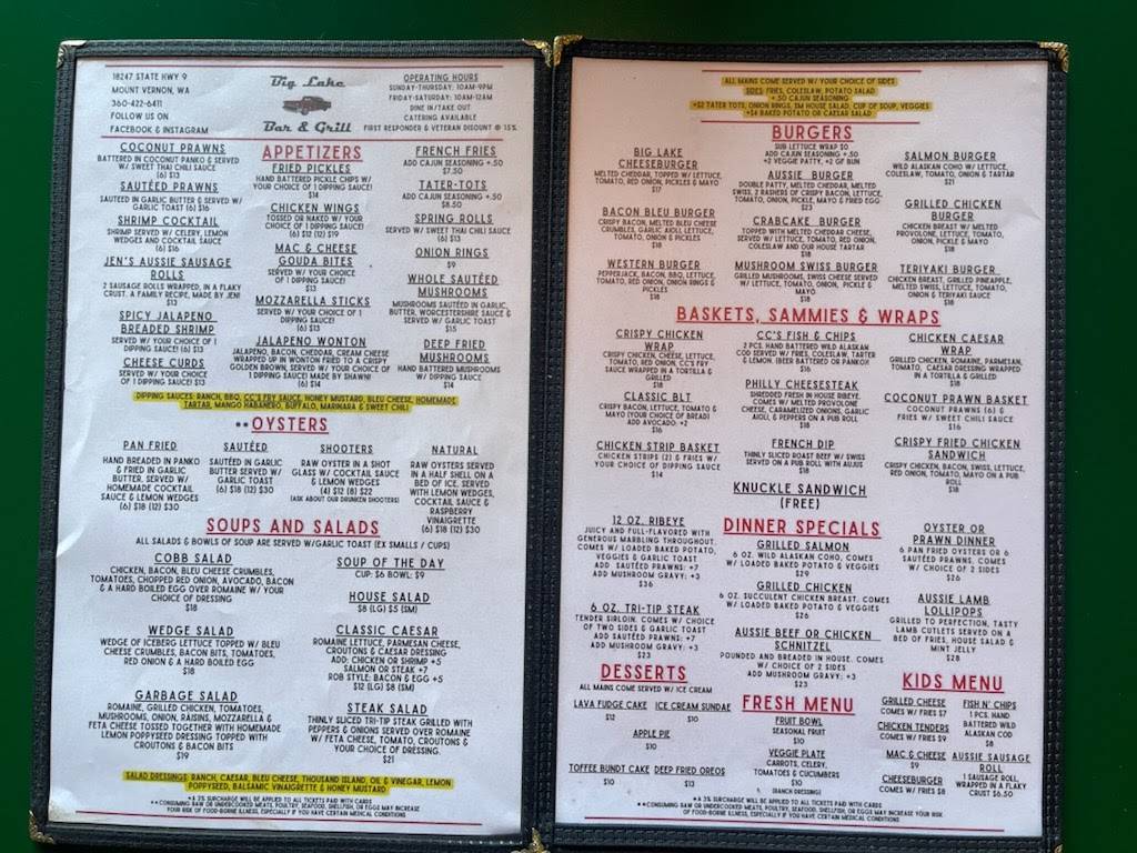 Menu at Big Lake Bar & Grill, Mount Vernon