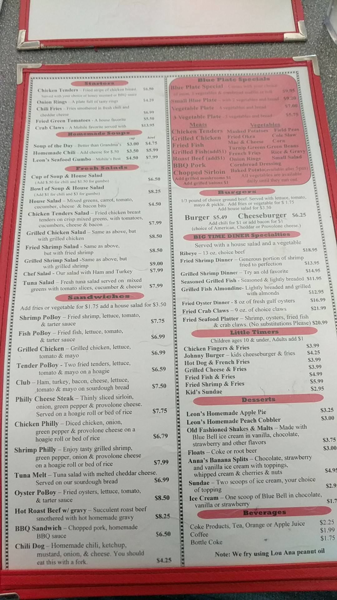 Menu at Big Time Diner restaurant, Mobile