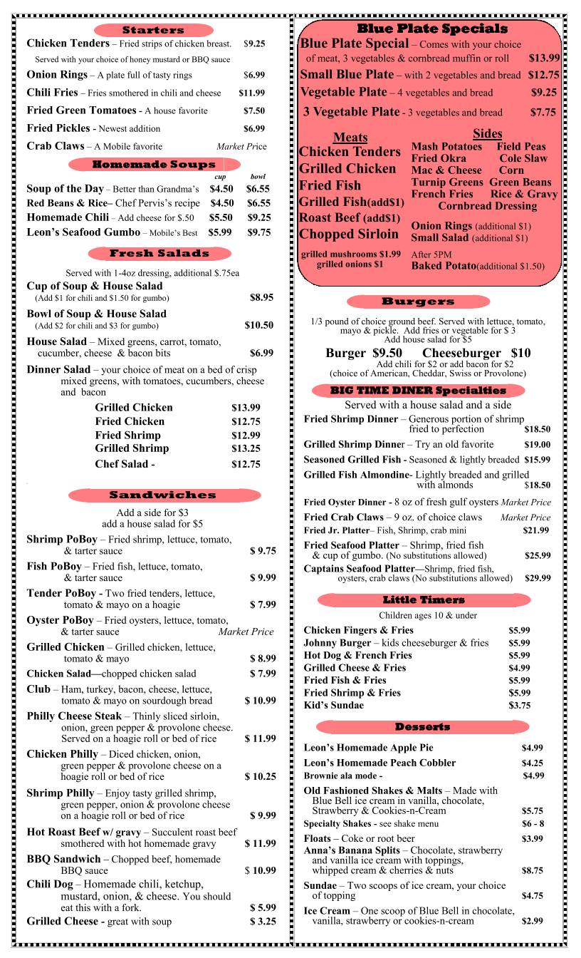 Menu at Big Time Diner restaurant, Mobile