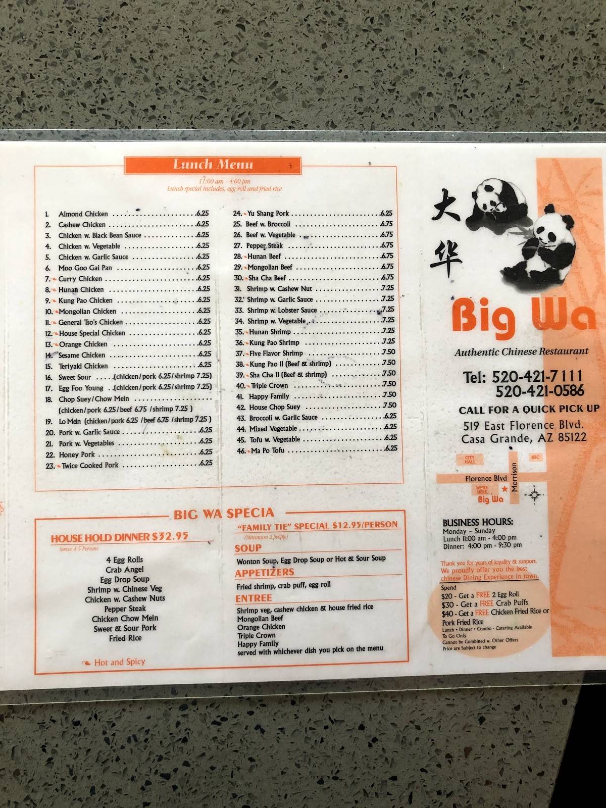 Menu at Big Wa Chinese Restaurant, Casa Grande