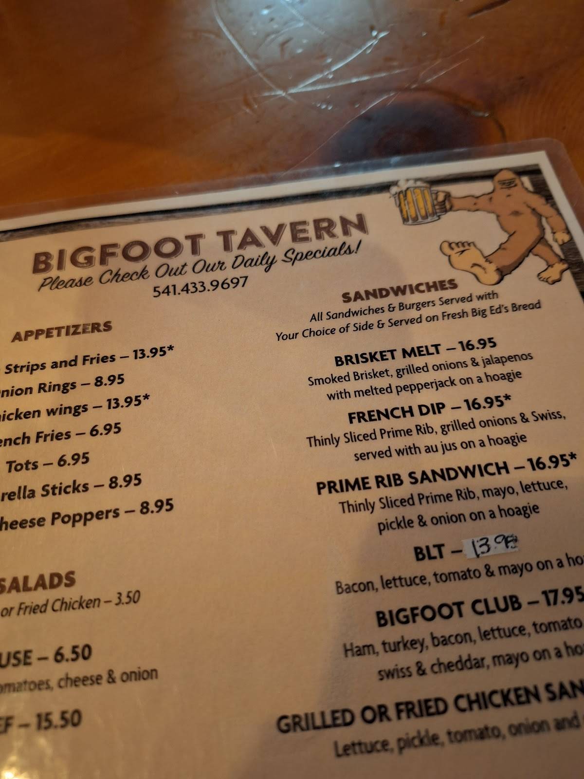 Menu at Bigfoot Tavern pub & bar, USA
