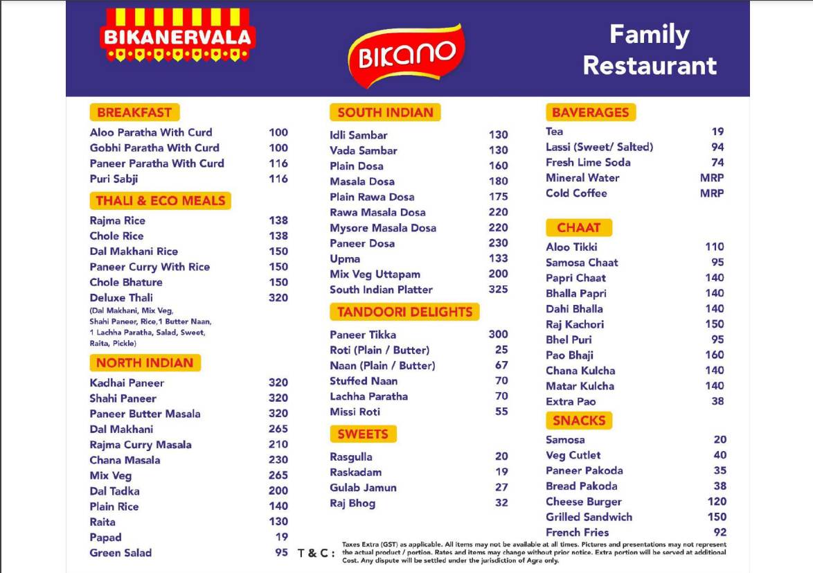 Menu at Bikano Family Restaurant / Bikanervala ( Magic Food Zone), Jewar