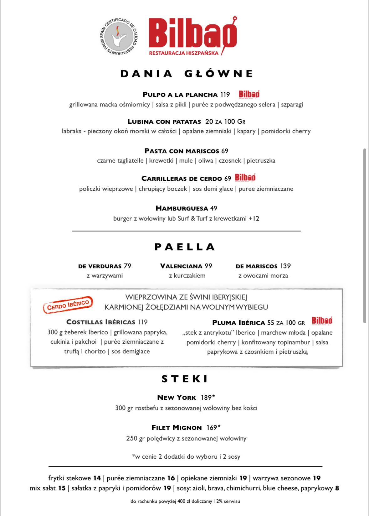 Menu at Bilbao tapas & drink bar live music Warszawa, Warsaw