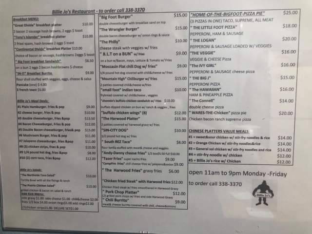 Menu at Billie-Jo's Home Of The Bigfoot restaurant, Browning