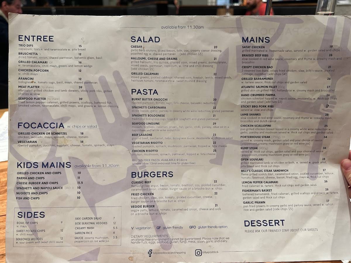 Menu at Billy's Paddock restaurant, Caroline Springs