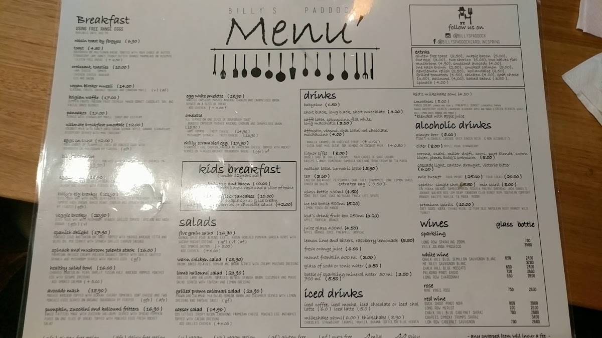 Menu at Billy's Paddock restaurant, Caroline Springs