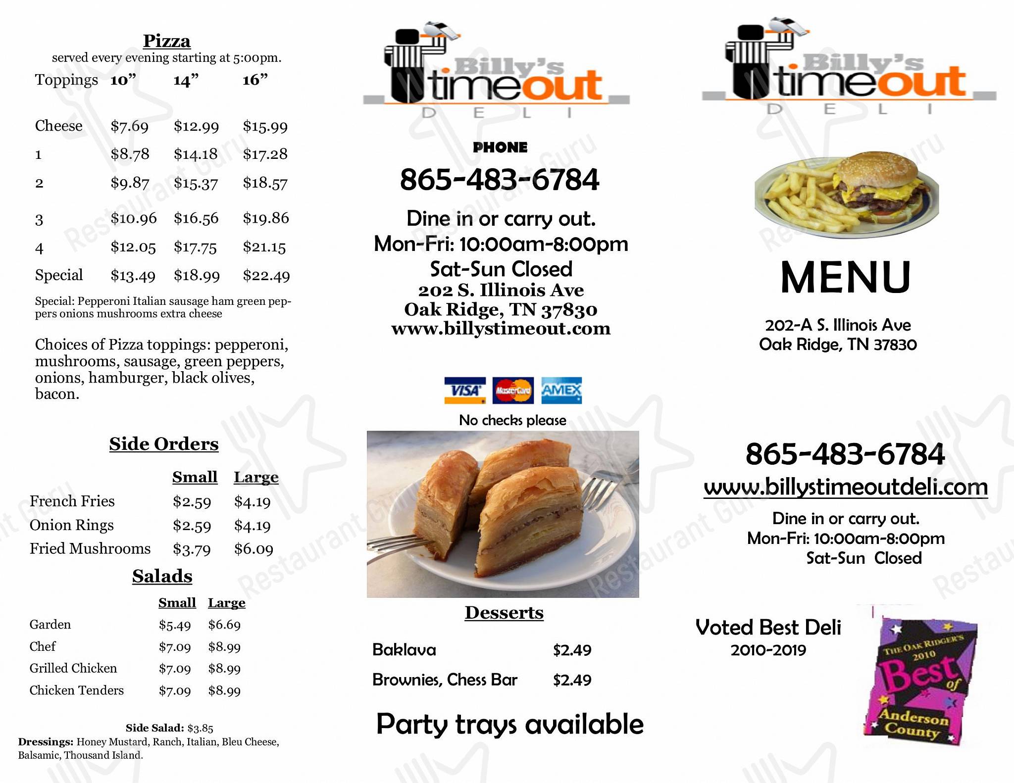 Menu at Billy's Time Out Deli restaurant, Oak Ridge