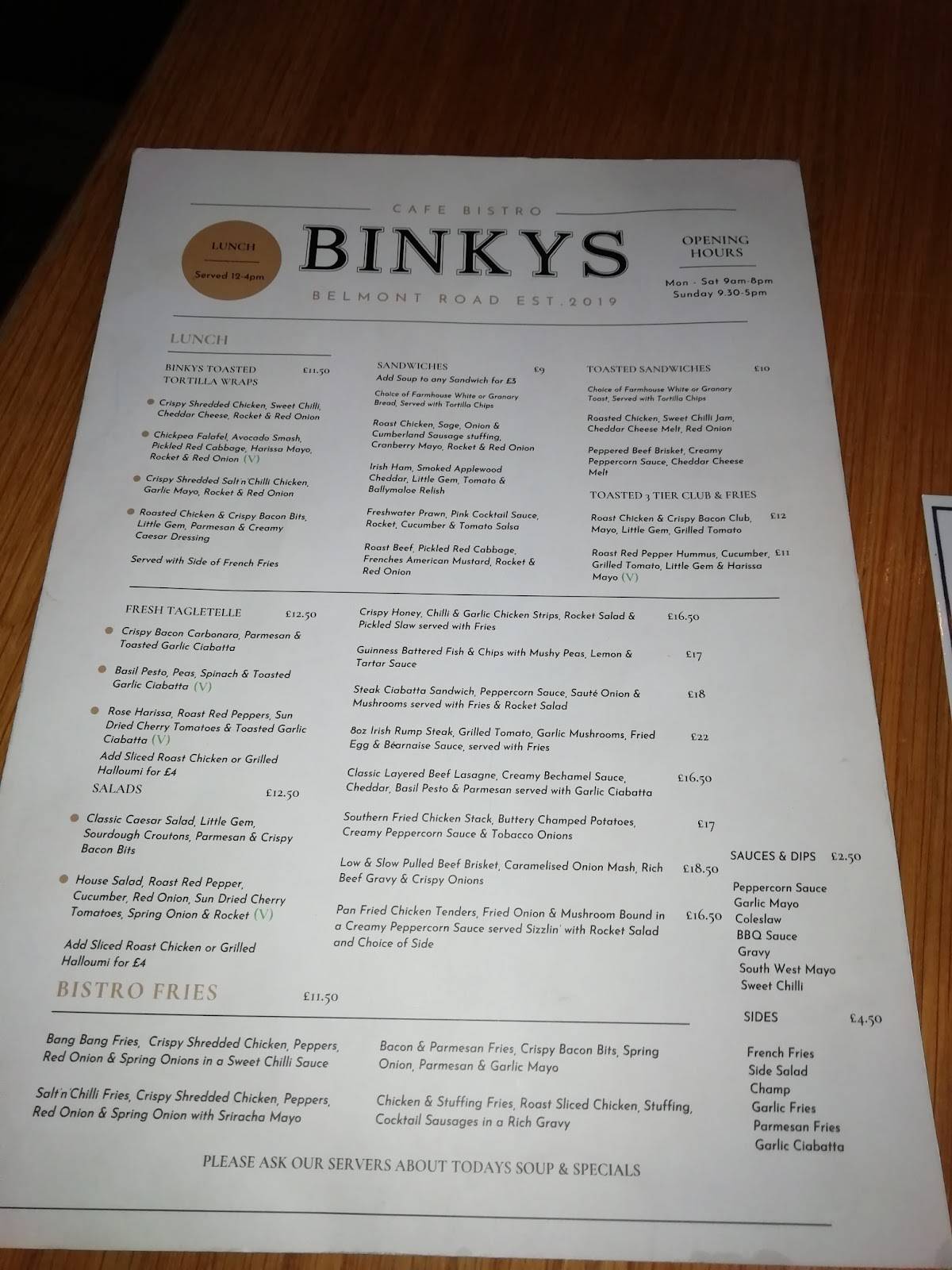 Menu at Binkys Belmont cafe, Belfast