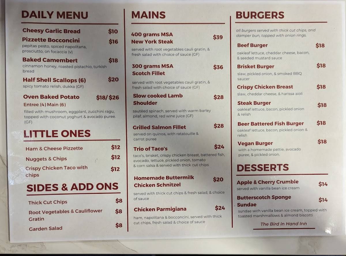 Menu at Bird In The Hand Inn pub & bar, Pitt Town