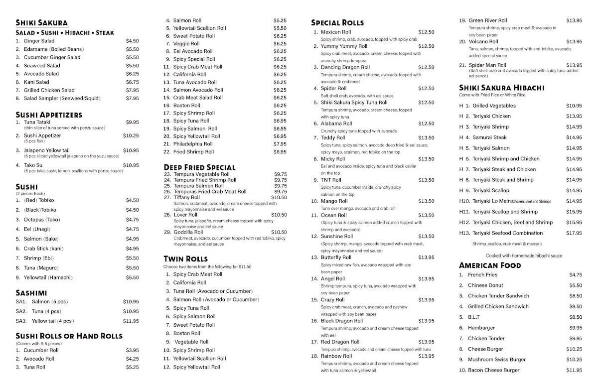Menu at Shiki Sakura restaurant, Birmingham, 27 Olmsted St