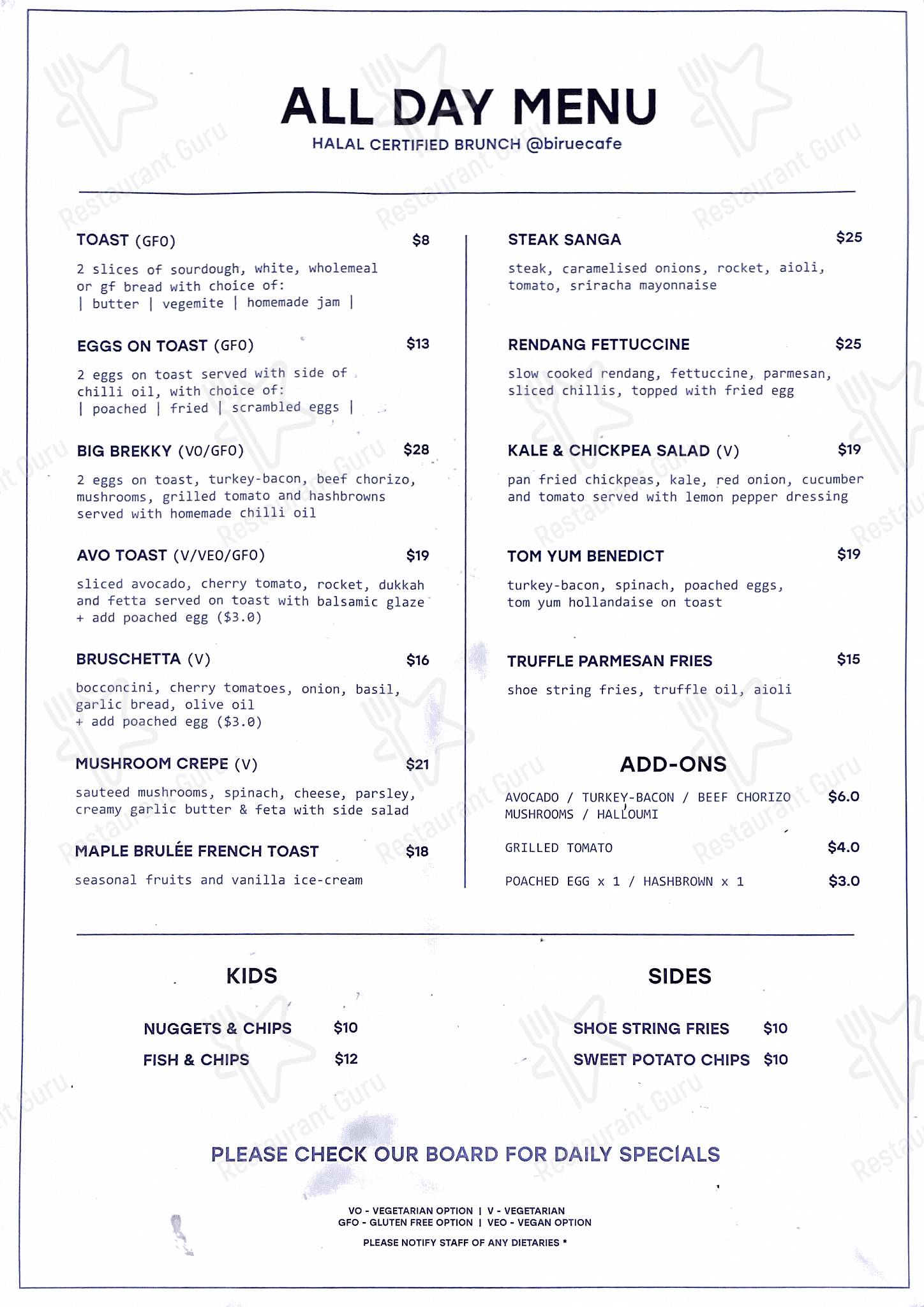 Menu at Birue cafe, Booragoon