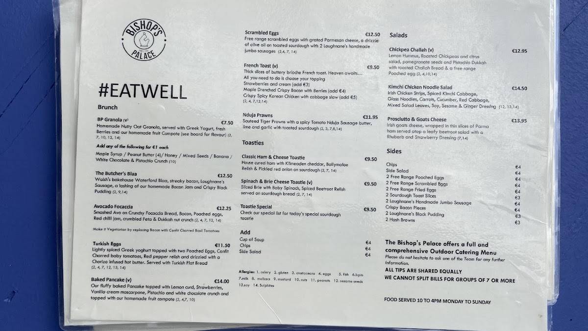 Menu at Bishop's Palace Café cafe, Waterford