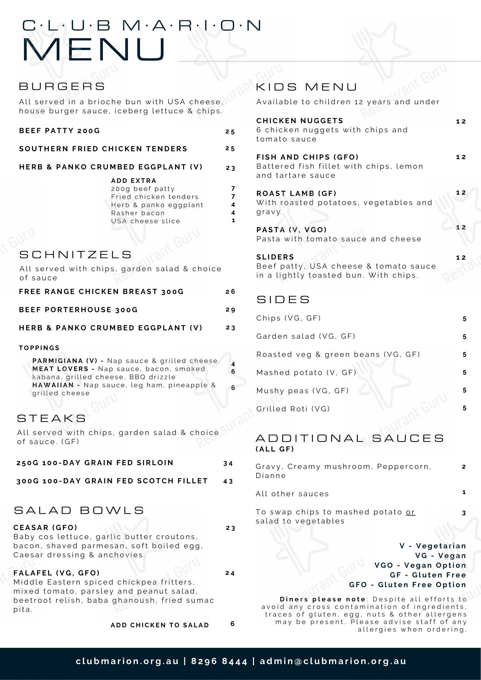Menu at Bistro 262, Club Marion, Marion