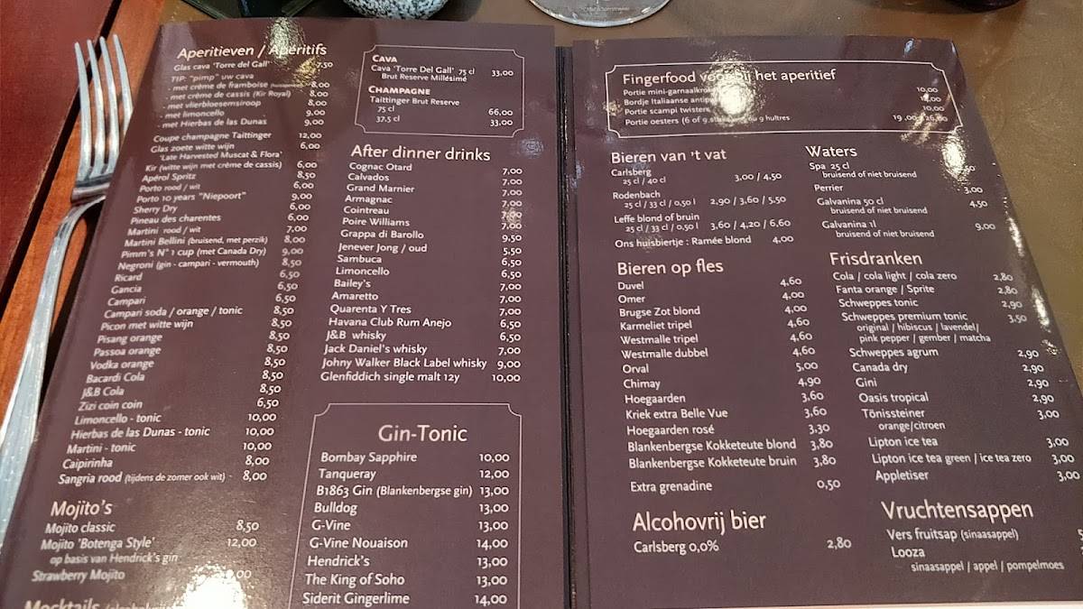 Menu at Bistro Botenga, Blankenberge