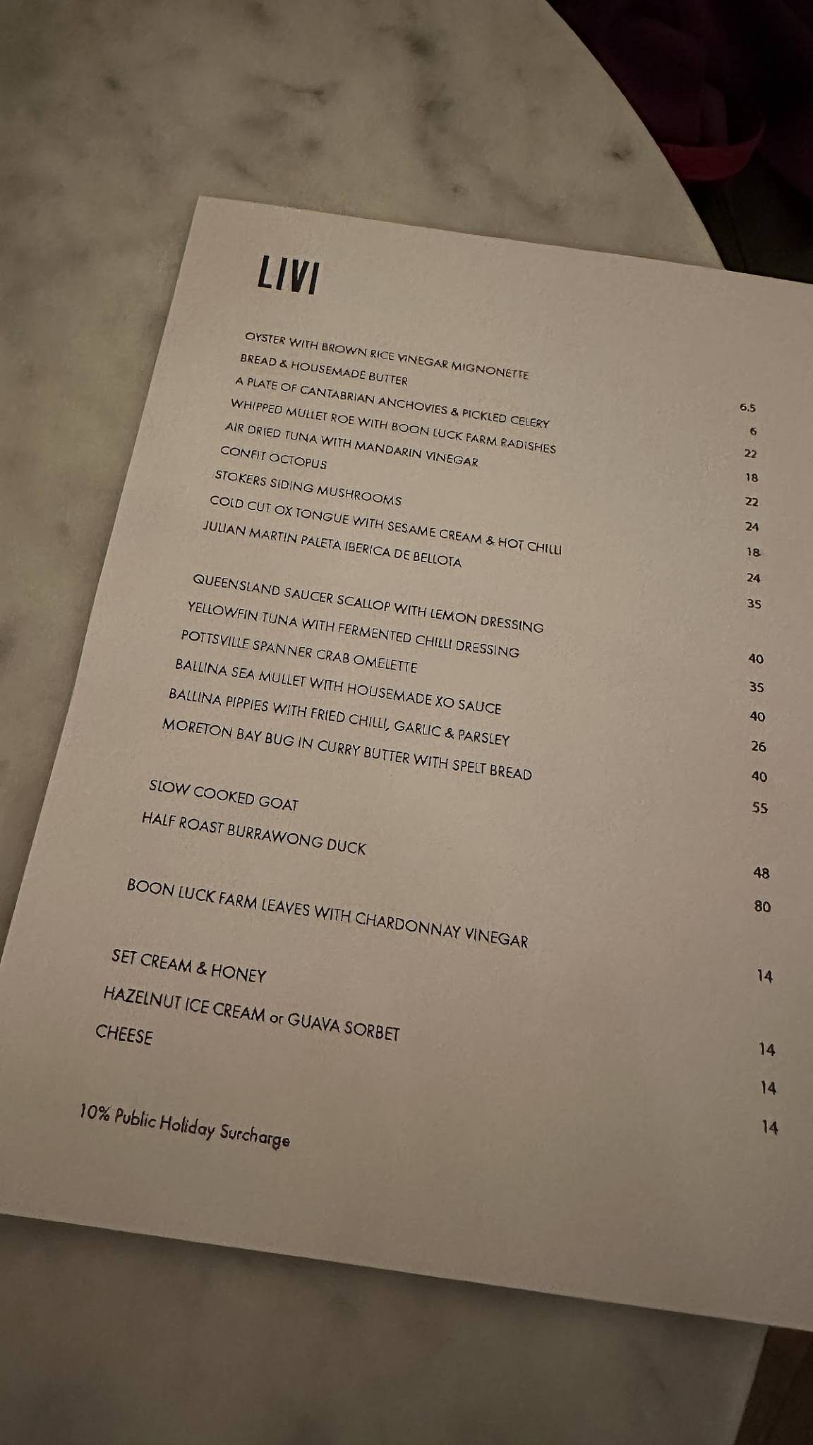 Menu at Bistro Livi restaurant, Murwillumbah