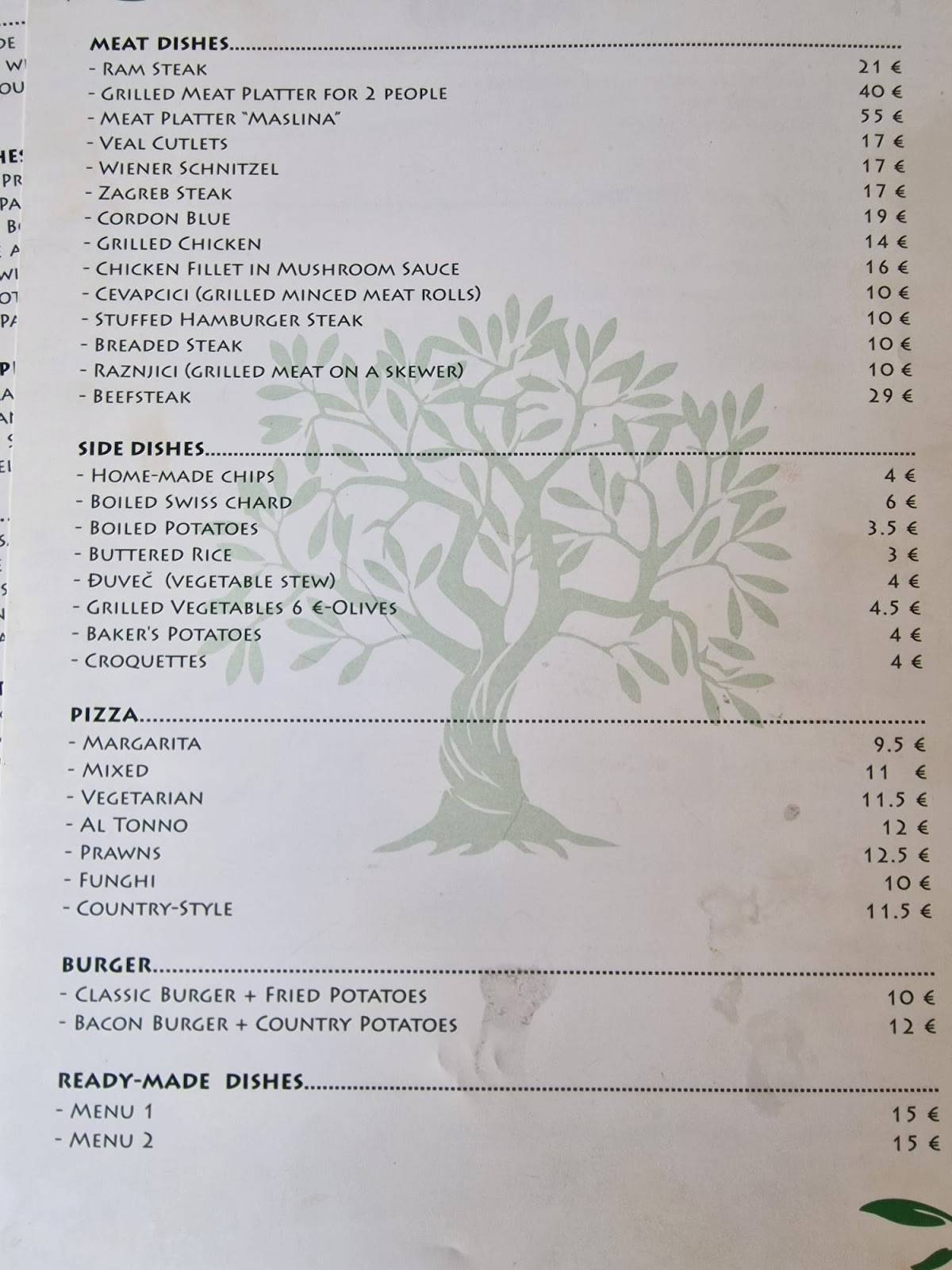 Menu at Bistro Maslina restaurant, Omiš