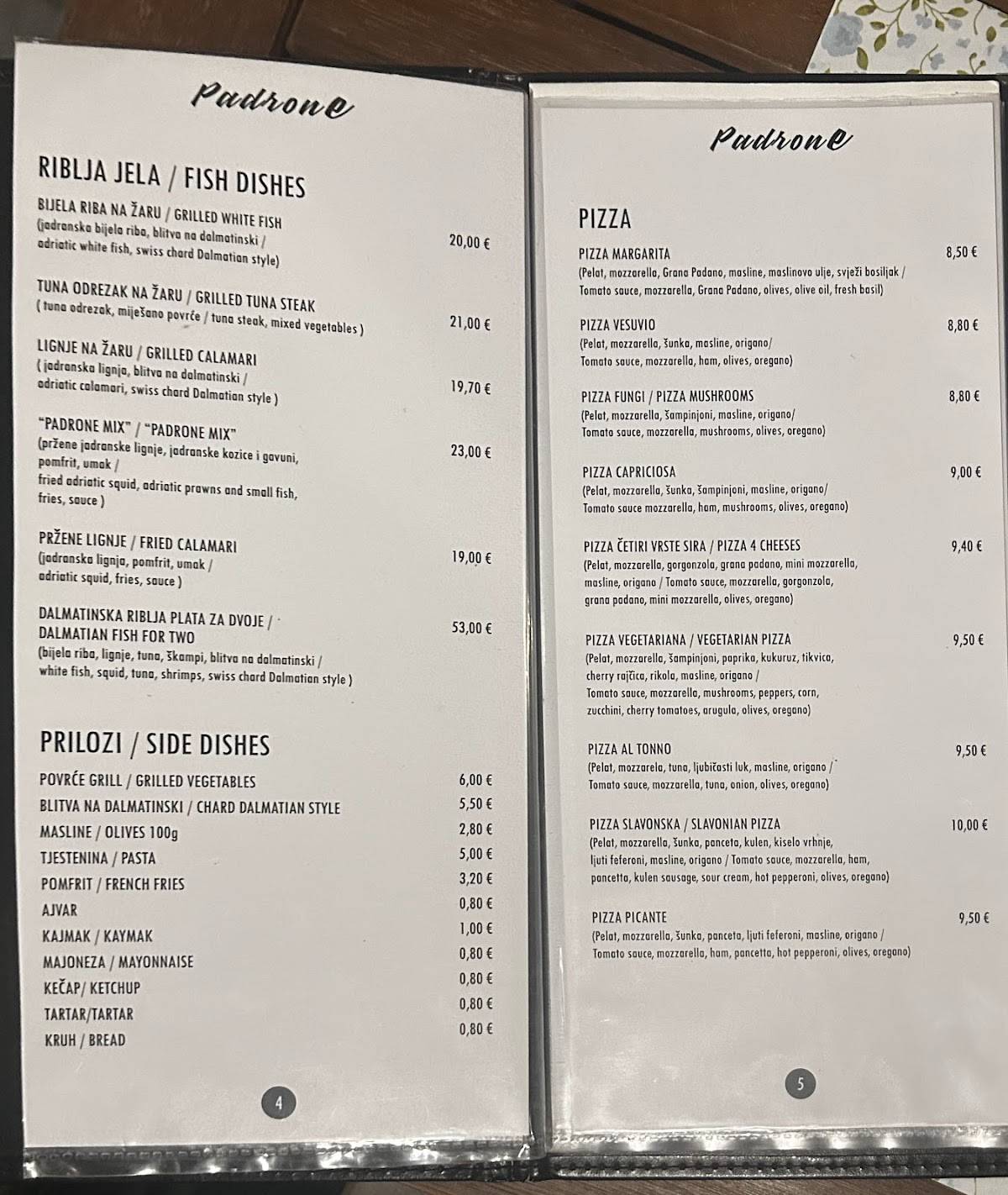 Carta del restaurante Bistro Padrone, Zadar