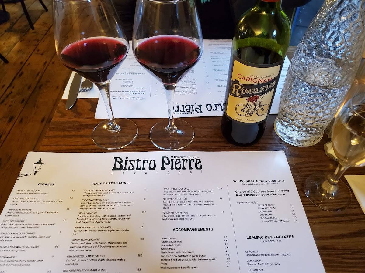 Menu at Bistro Pierre restaurant, Liverpool, 14 Button St